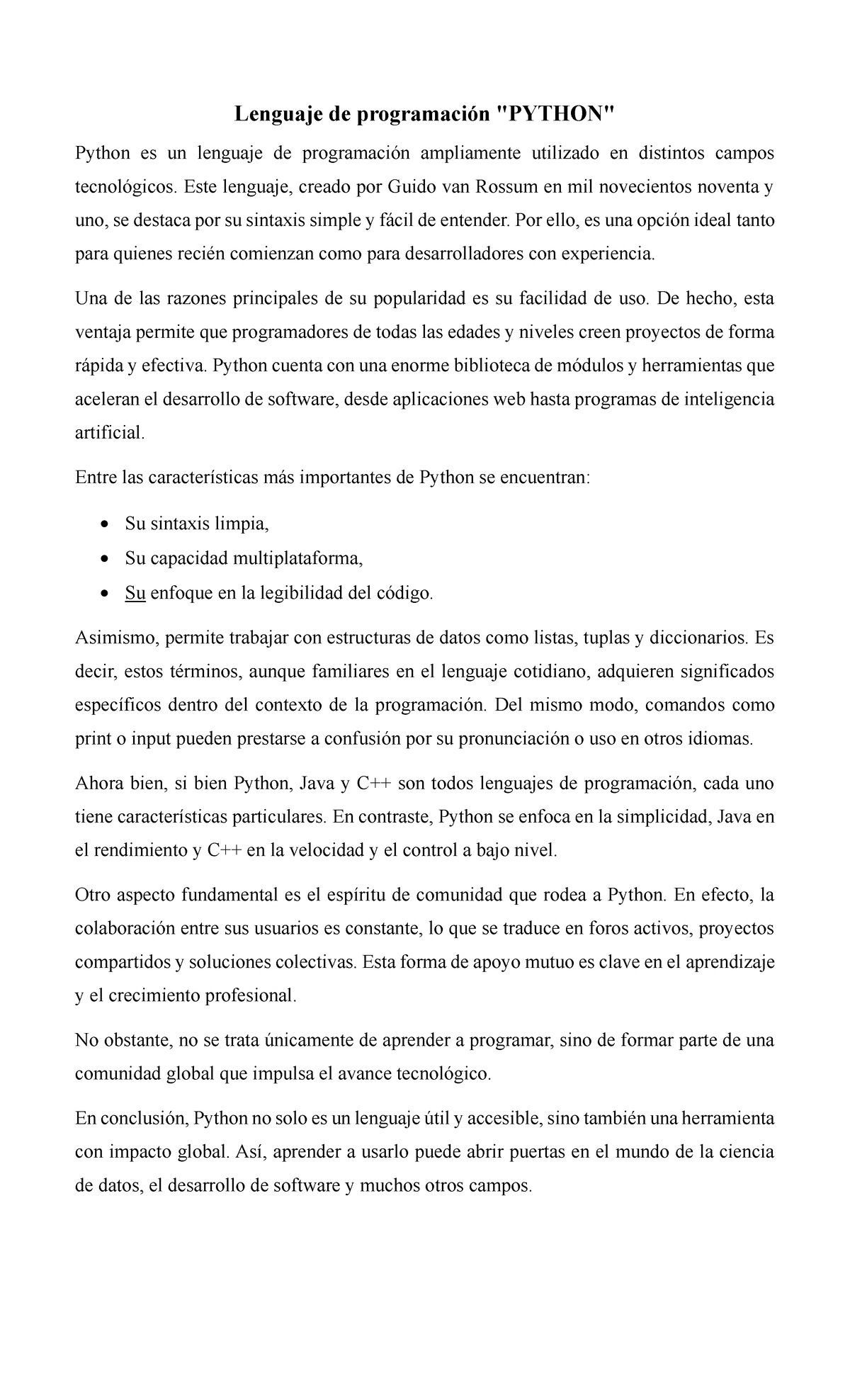 Lenguaje de Programación Python: Introducción y Características - Studocu