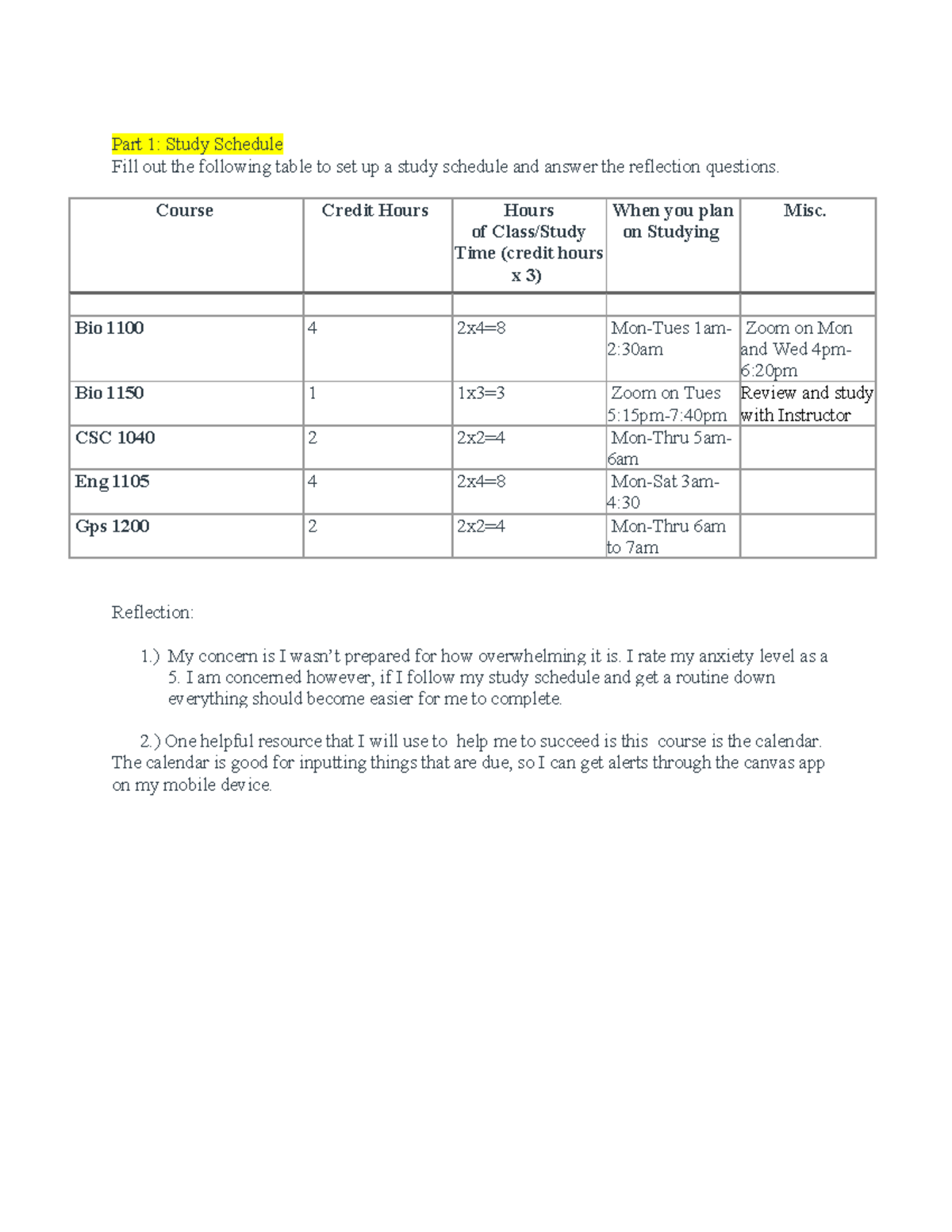 Study Plan & Calendar Week 2 - Part 1: Study Schedule Fill out the following table to set up a ...