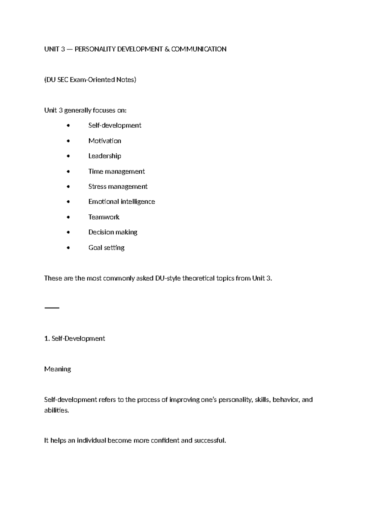 DU SEC Notes: Unit 3 - Personality Development & Communication - Studocu