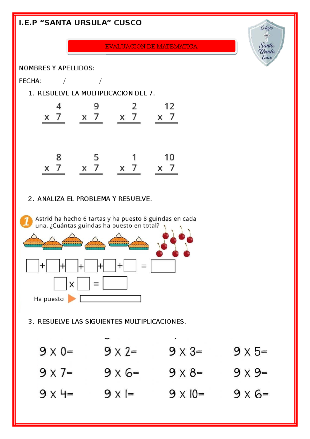Evaluacion DE Matematica - I.E “SANTA URSULA” CUSCO NOMBRES Y APELLIDOS ...