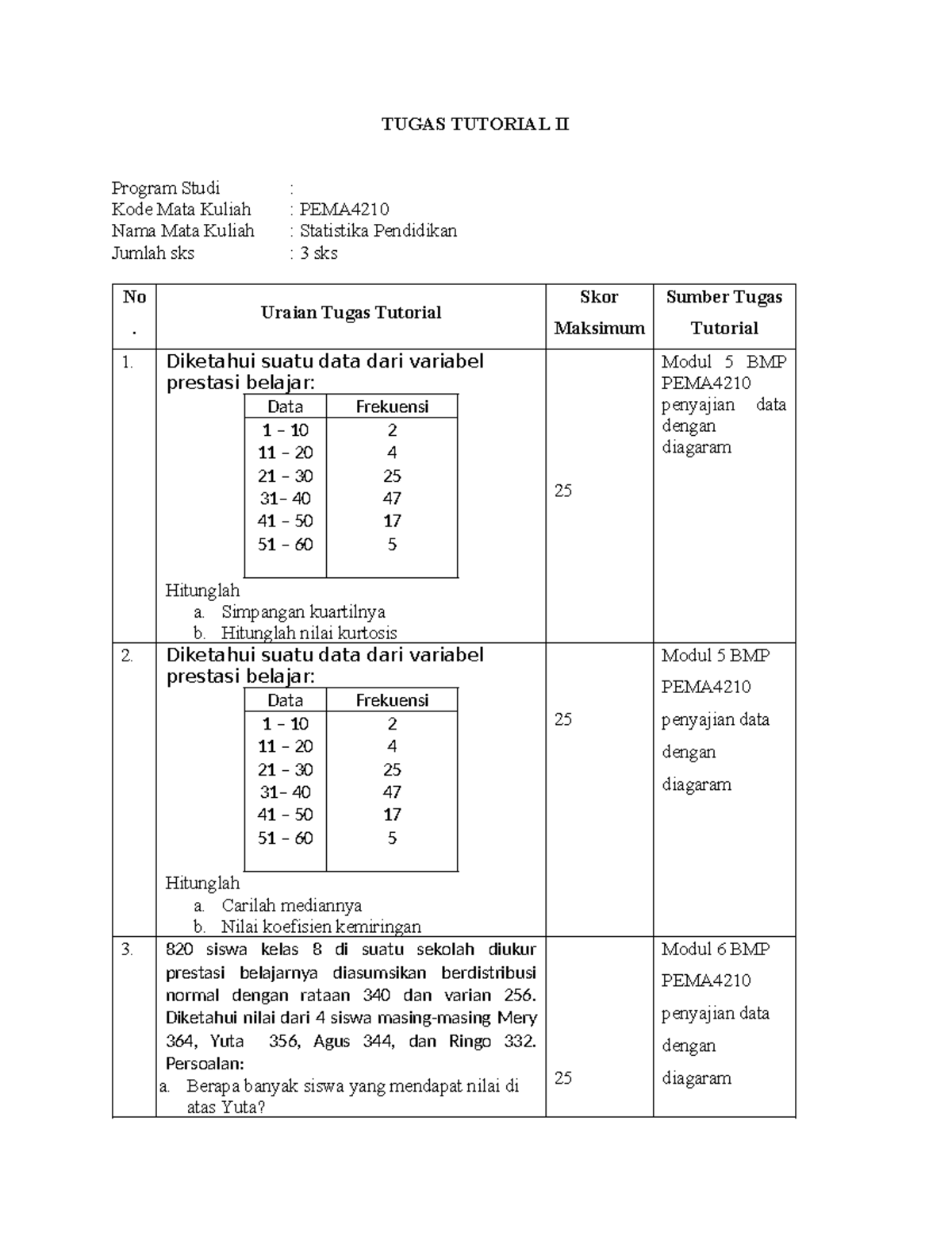 Tugas Tutorial II - Statistika Pendidikan (PEMA) - Analisis Data - Studocu