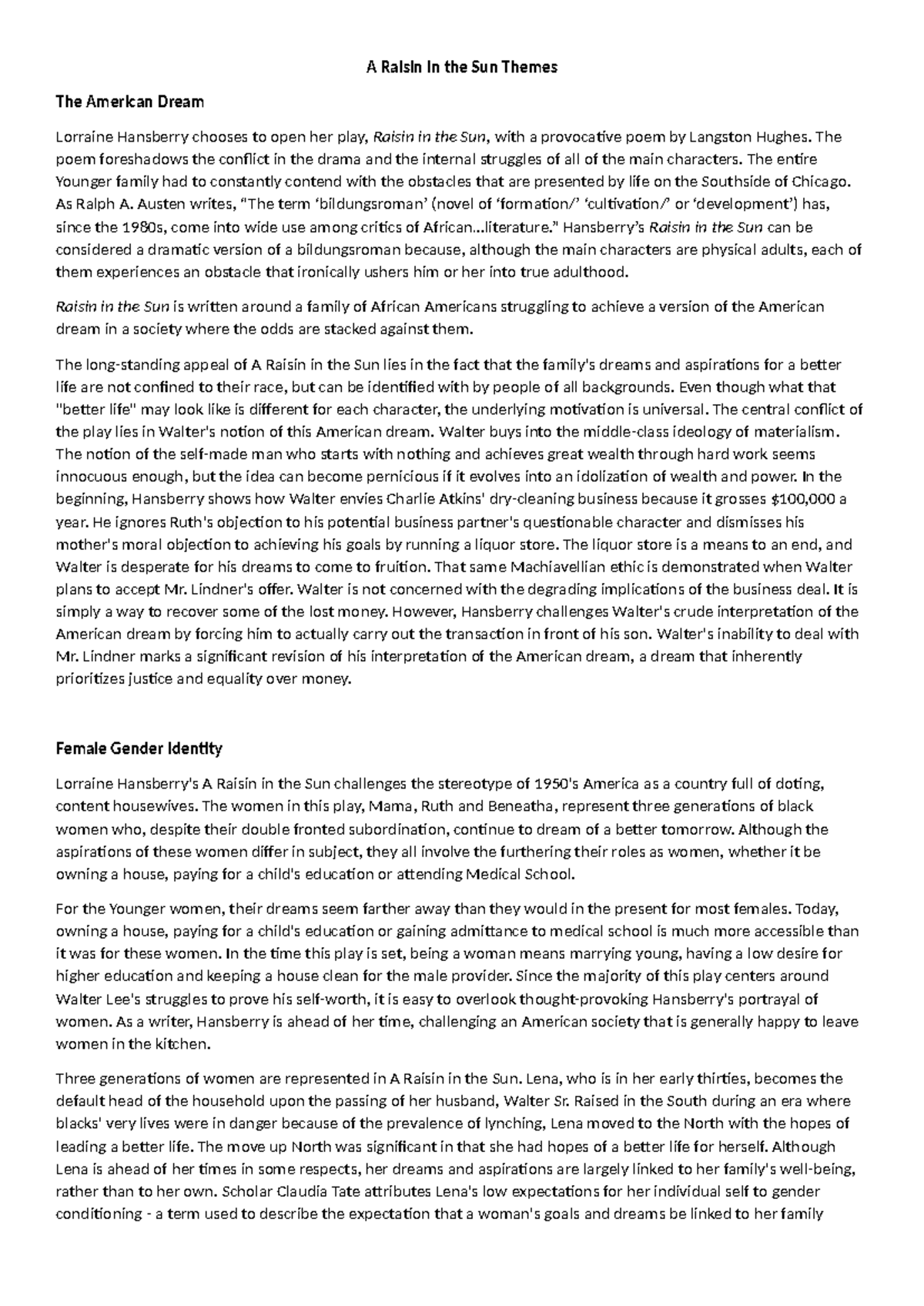 A Raisin in the Sun: Analyzing Key Themes and Characters - Studocu