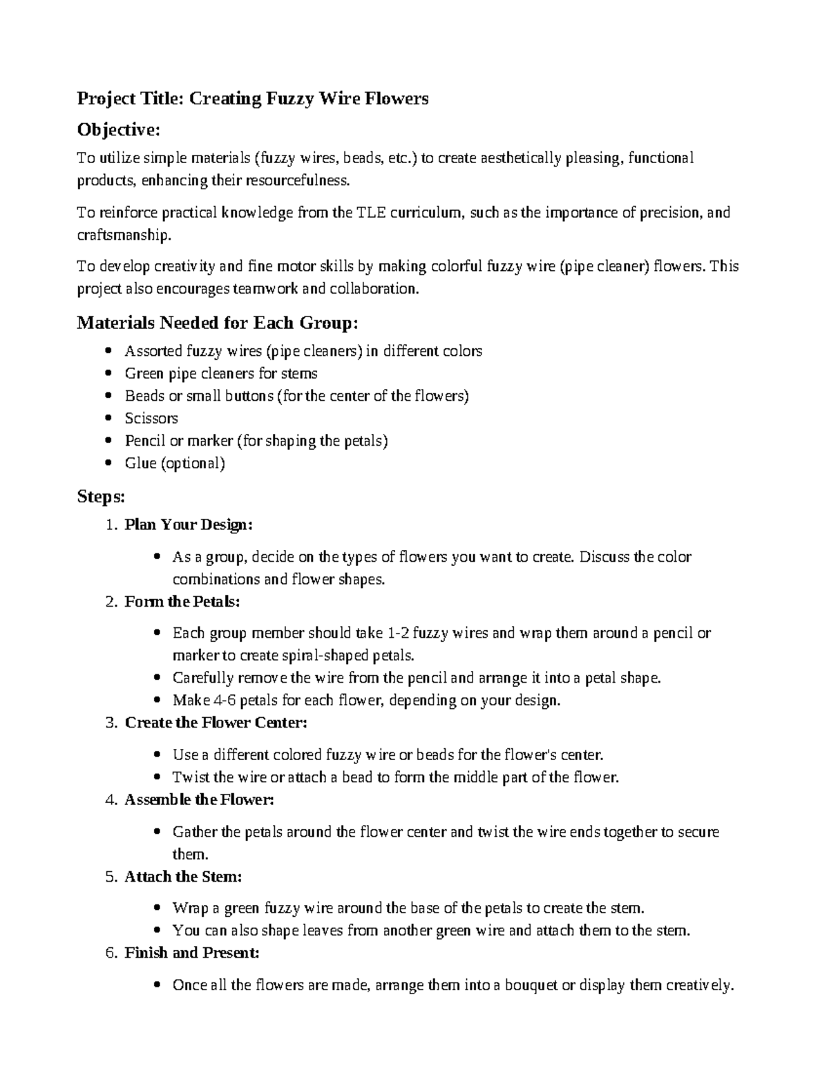 Creating Fuzzy Wire Flowers: TLE Project Guidelines and Steps - Studocu