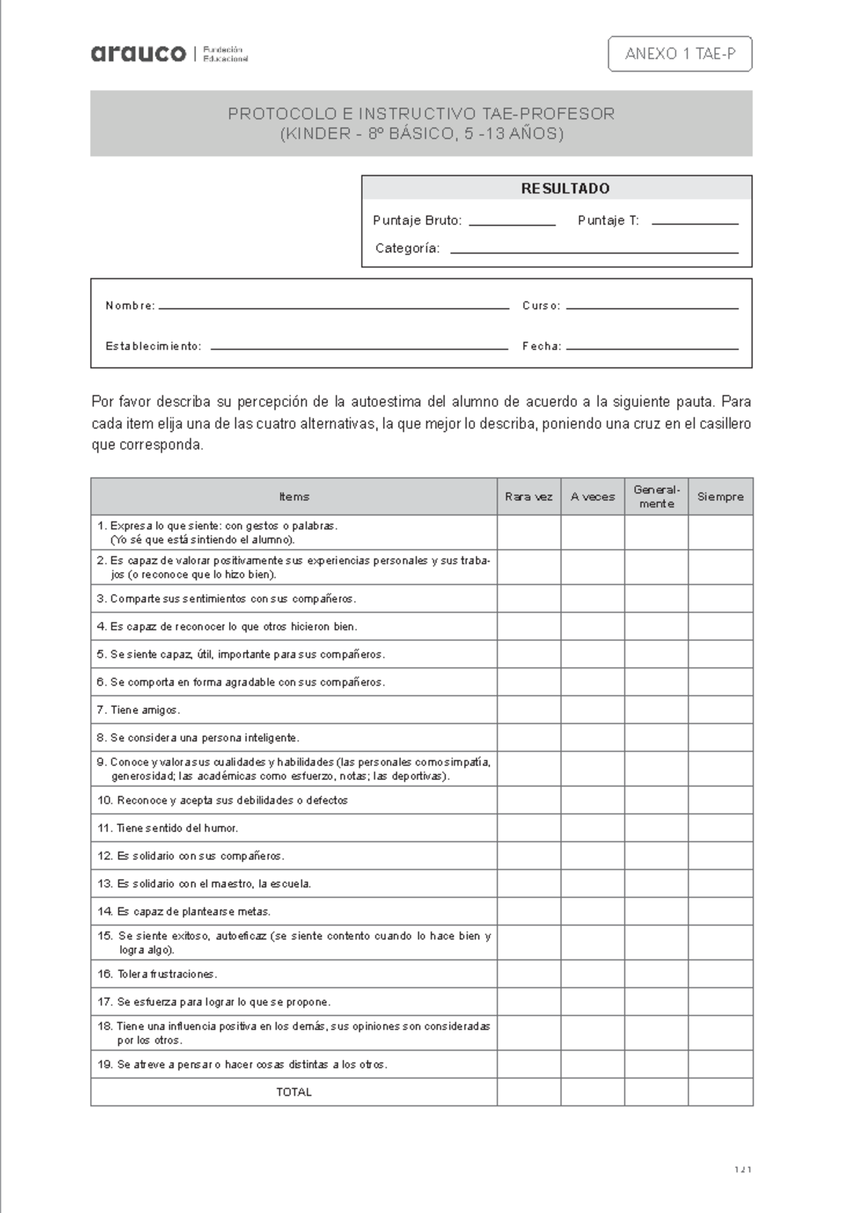 Anexo 1 Protocolo TAE-P - 1 2 1 Por favor describa su percepción de la ...