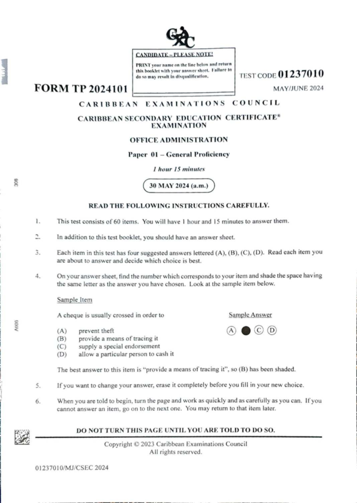 CSEC Office Administration P1 2024 Exam Instructions and Questions ...