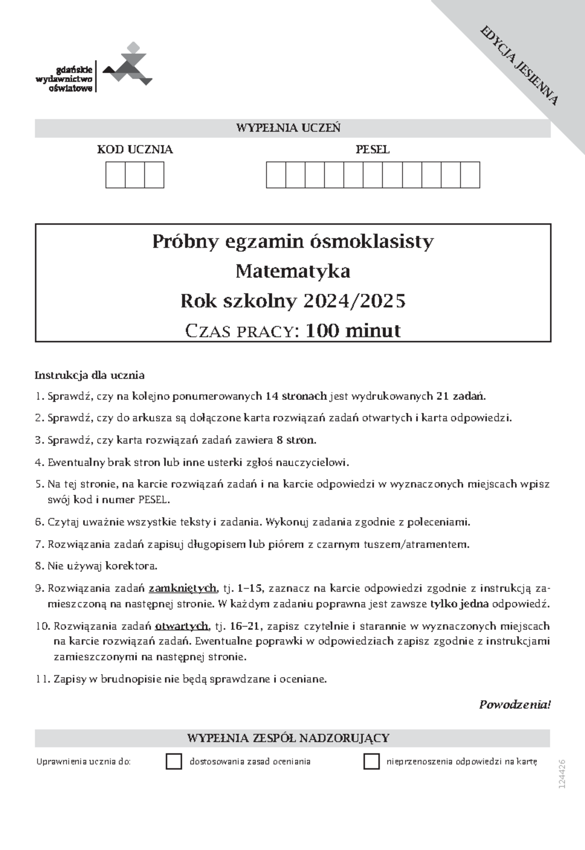 Próbny Egzamin Ósmoklasisty z Matematyki 8Kl 2024/2025 - Studocu