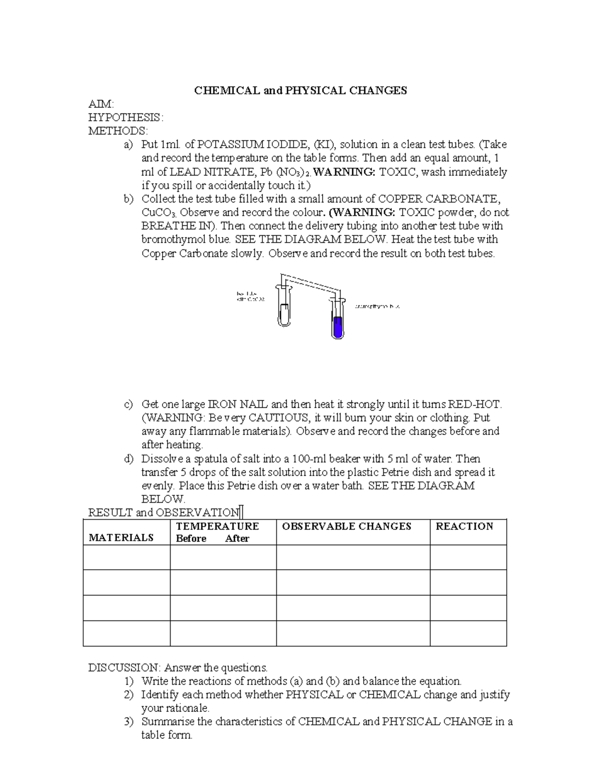 Chemical and Physical Changes Lab Report: Methods and Observations ...