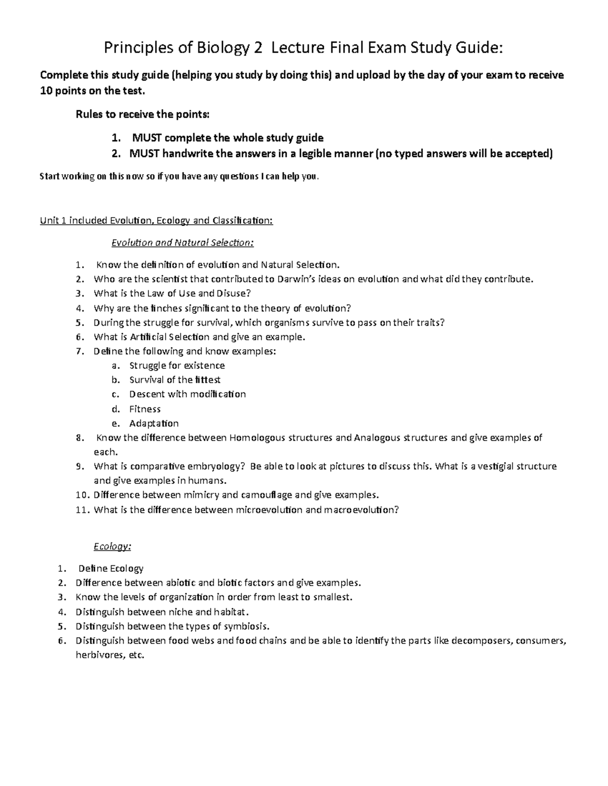 Final Exam Study Guide: Principles of Biology II (BIOL 102) - Studocu