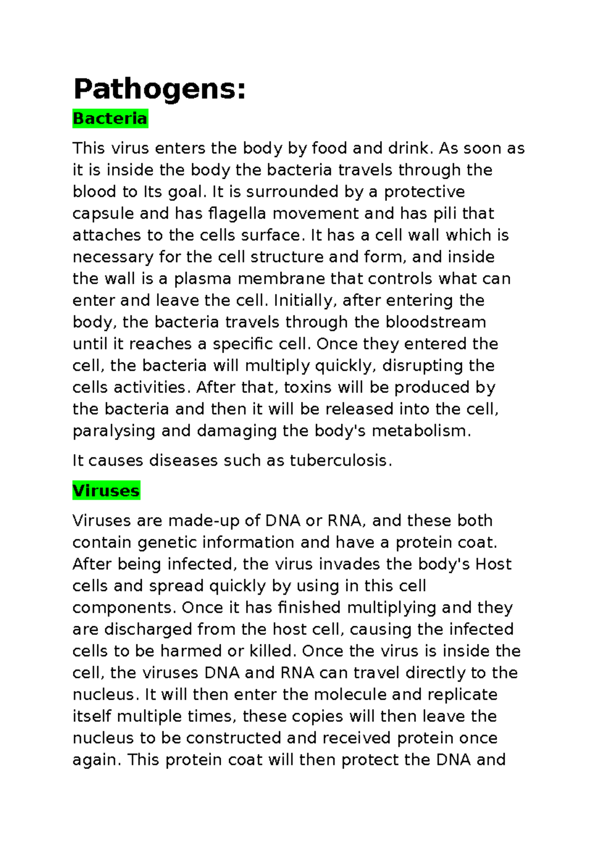 unit 8 assignment a pathogens - Pathogens: Bacteria This virus enters ...