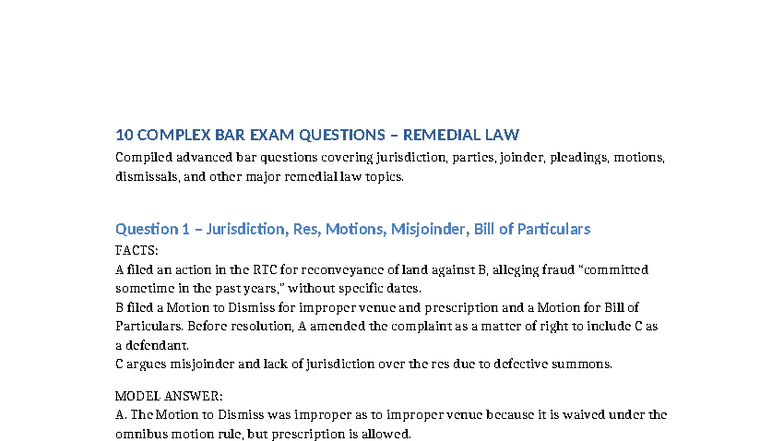 Complex Bar Exam Questions: Remedial Law Review - Studocu