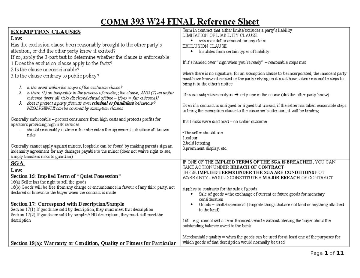 COMM 393 W24 FINAL Exemption Clauses Reference Sheet - Studocu