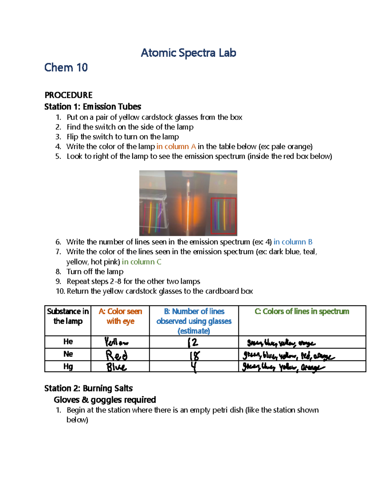 Atomic Spectra Lab Chem 10: Emission & Flame Tests Procedure - Studocu