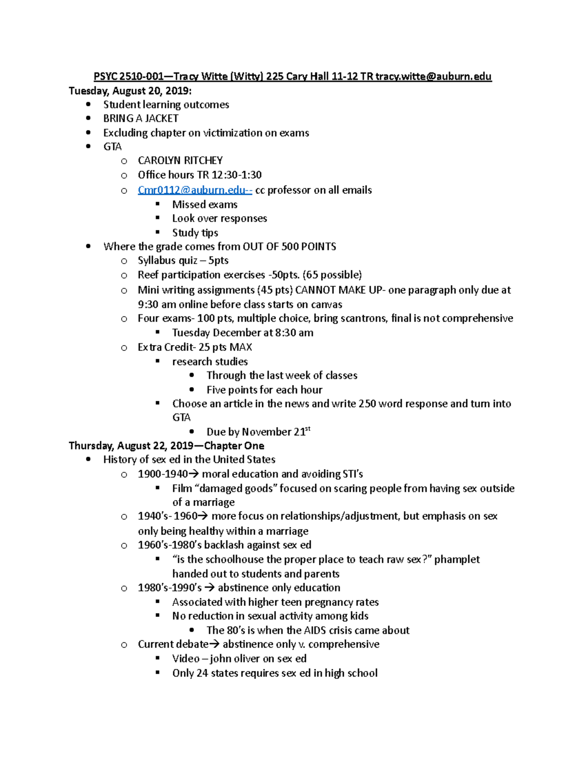 PSYC 2510 Notes - PSYC 2510-001—Tracy Witte (Witty) 225 Cary Hall 11-12 ...