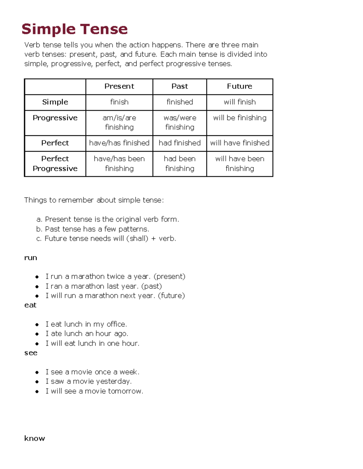 Grammar Tense Practice Sheet - Simple Tense Verb tense tells you when ...