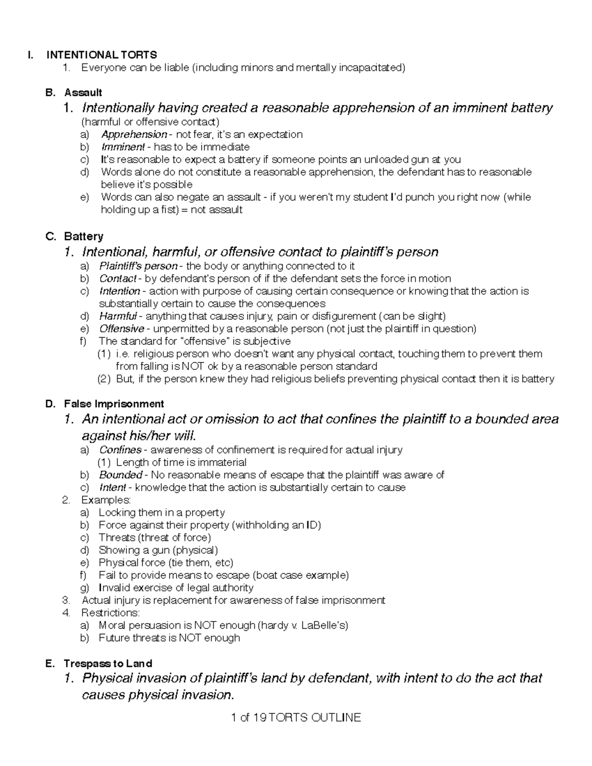Torts Law Outline - Professor Richard Jolly - Intentional Torts ...