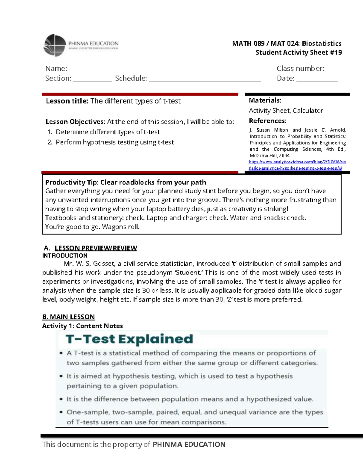 Copy of MAT 089 MAT 024 - SAS 19 - The different types of t-test ...