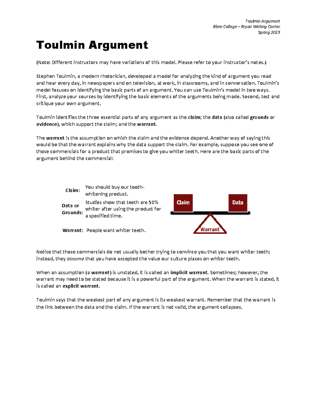 Toulmin Argument Analysis - Blinn College Writing Center Spring 2023 ...
