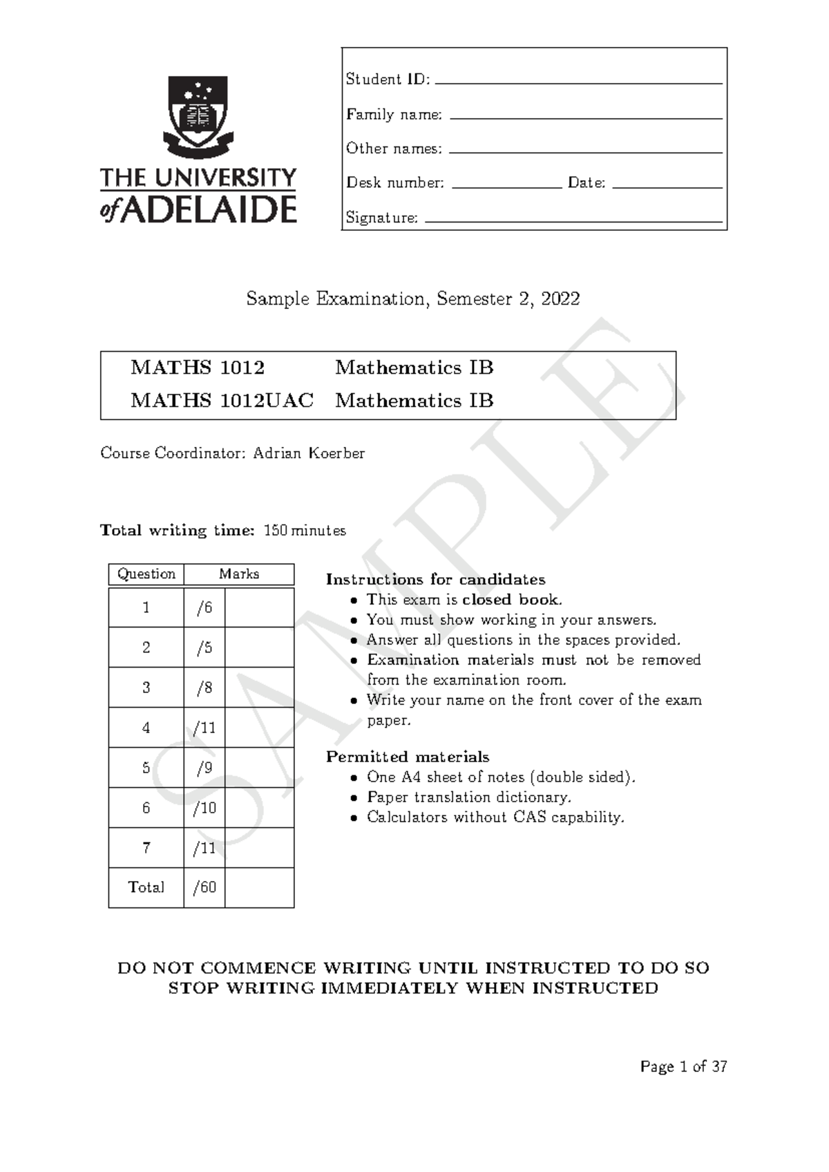 2022 Maths IB Sample Exam inperson - SAMPLE Student ID: Family name ...