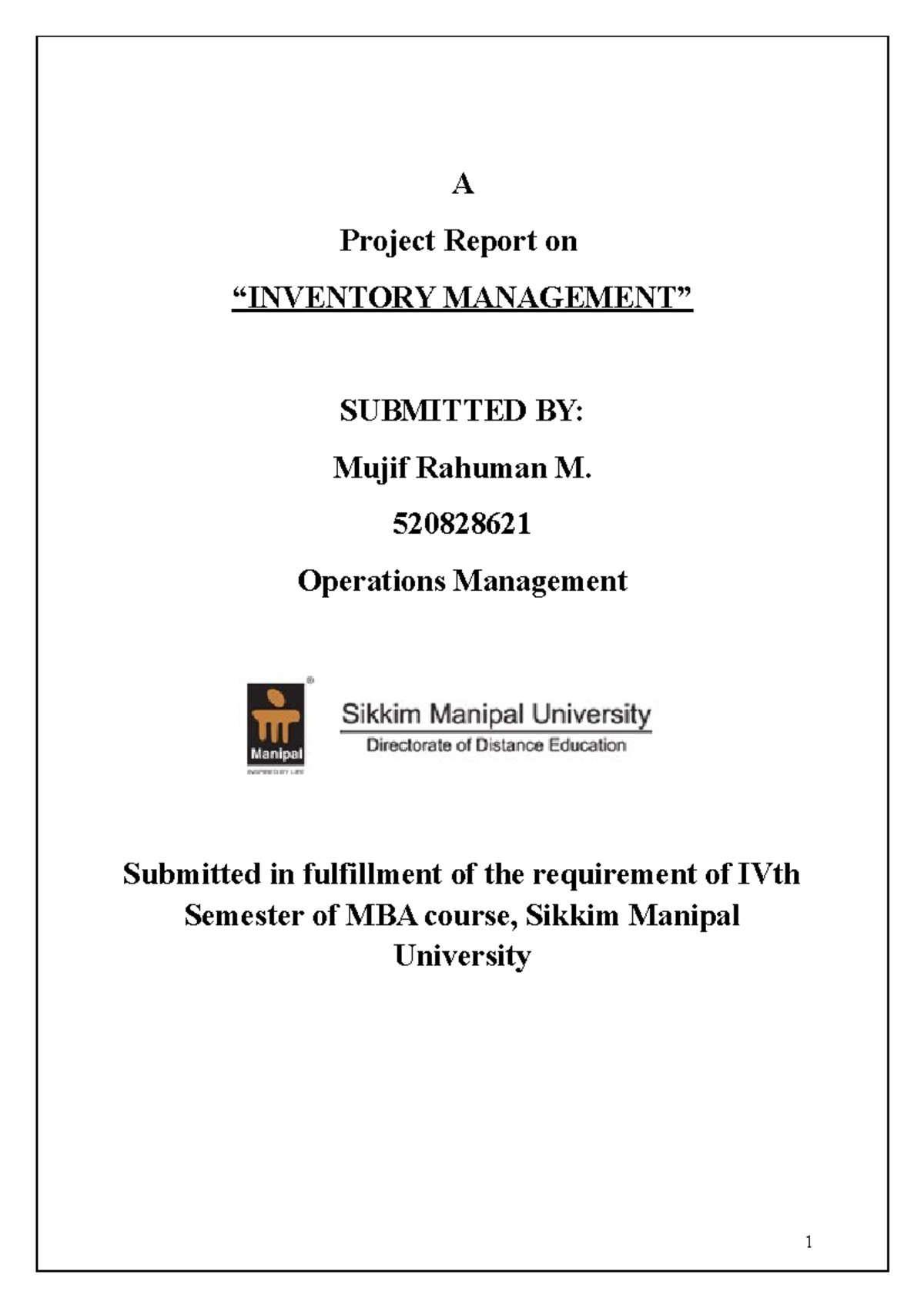 MBA 520828621 - Project Report on Inventory Management and SCM - Studocu