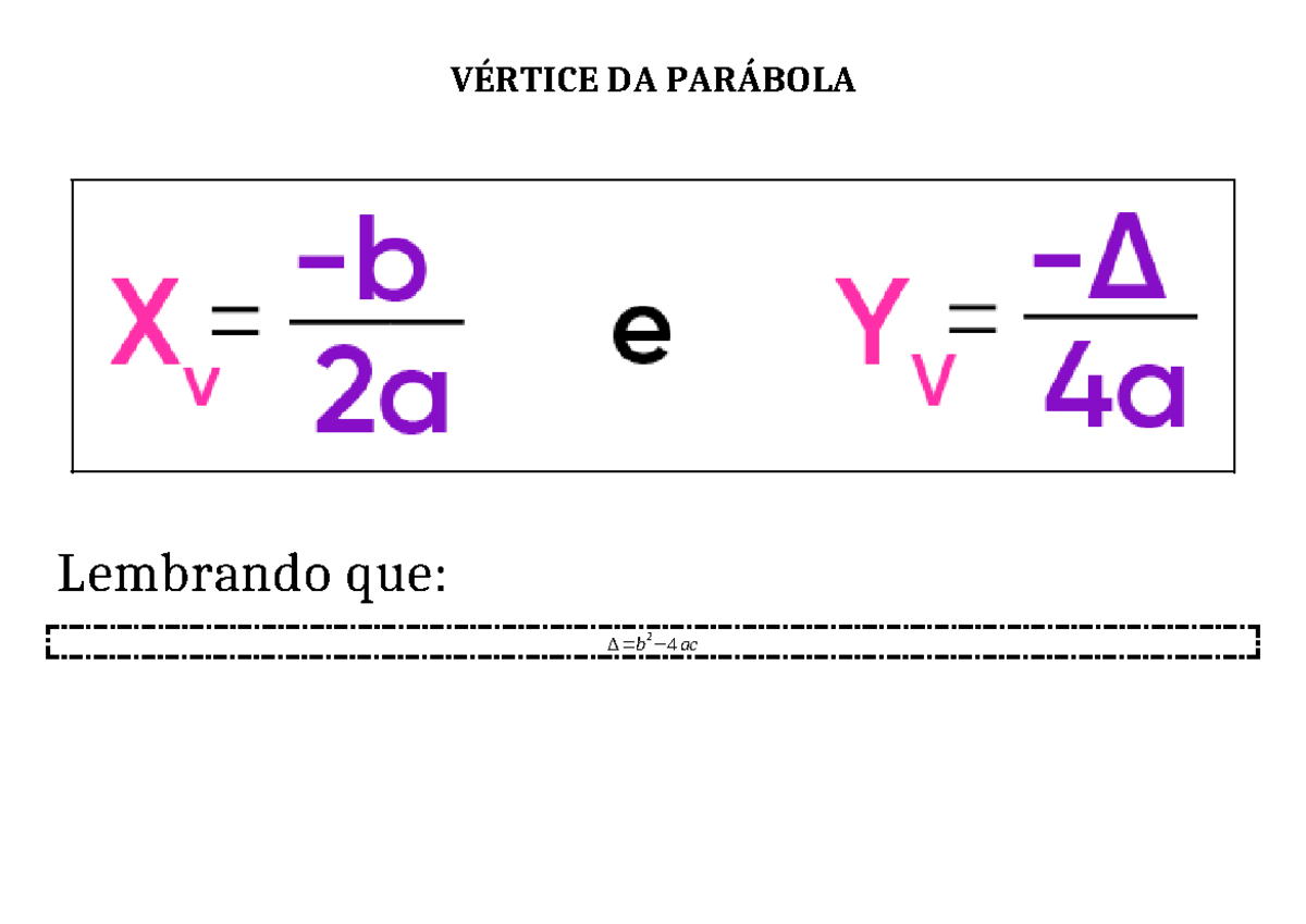 Resumos - base matemática - VÉRTICE DA PARÁBOLA Lembrando que: ∆=b 2 − ...