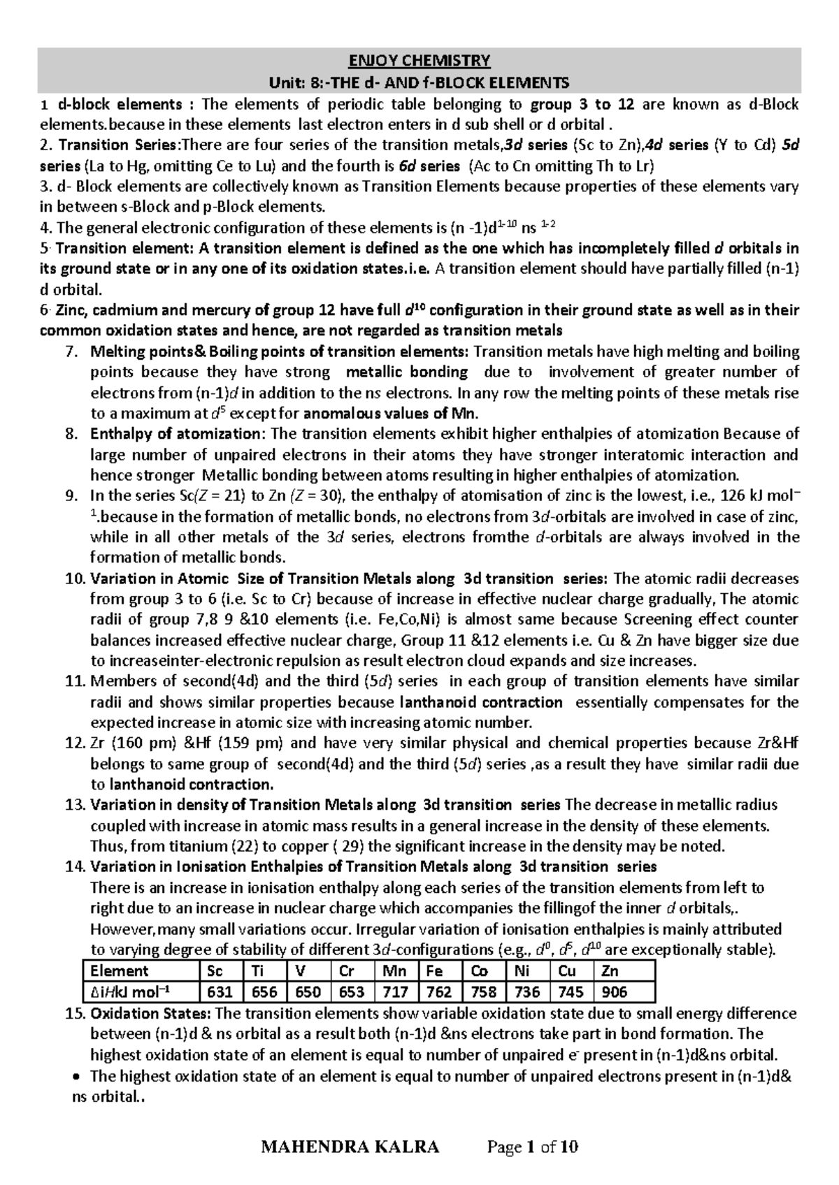 THE d- AND f- Block Elements 2022 - ENJOY CHEMISTRY Unit: 8 :-THE d ...
