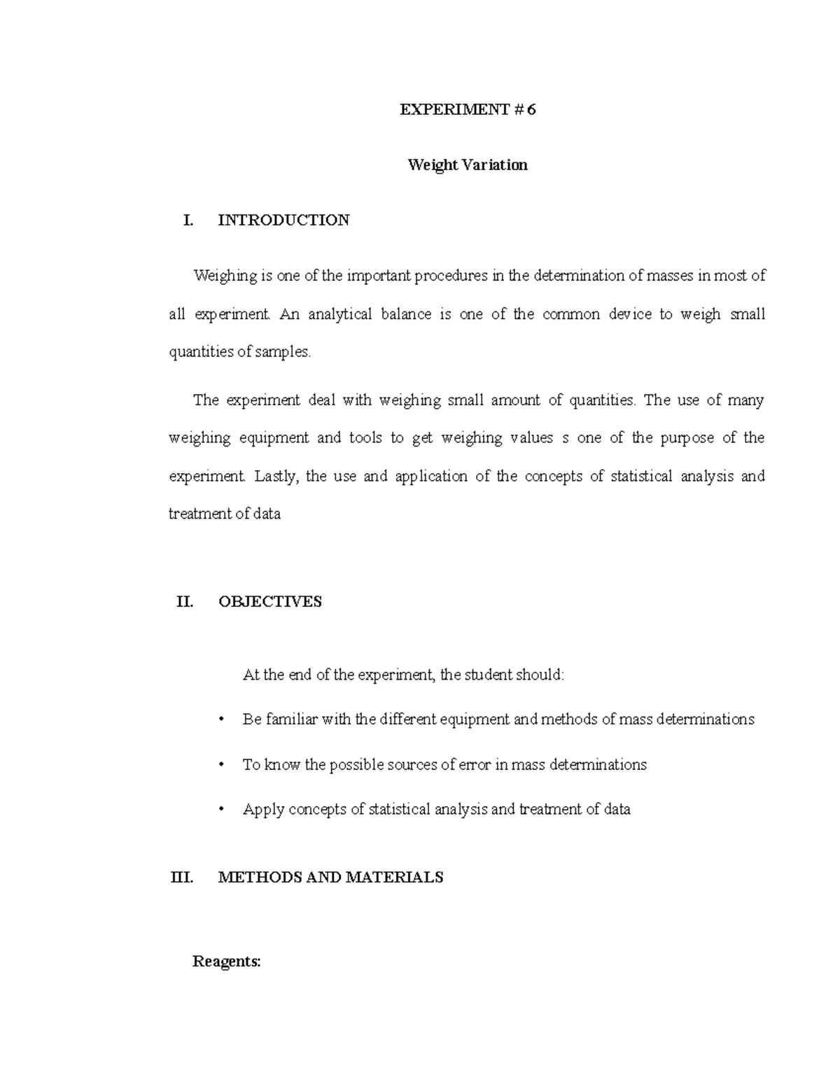 Experiment about Weight Variation - EXPERIMENT # 6 Weight Variation I ...