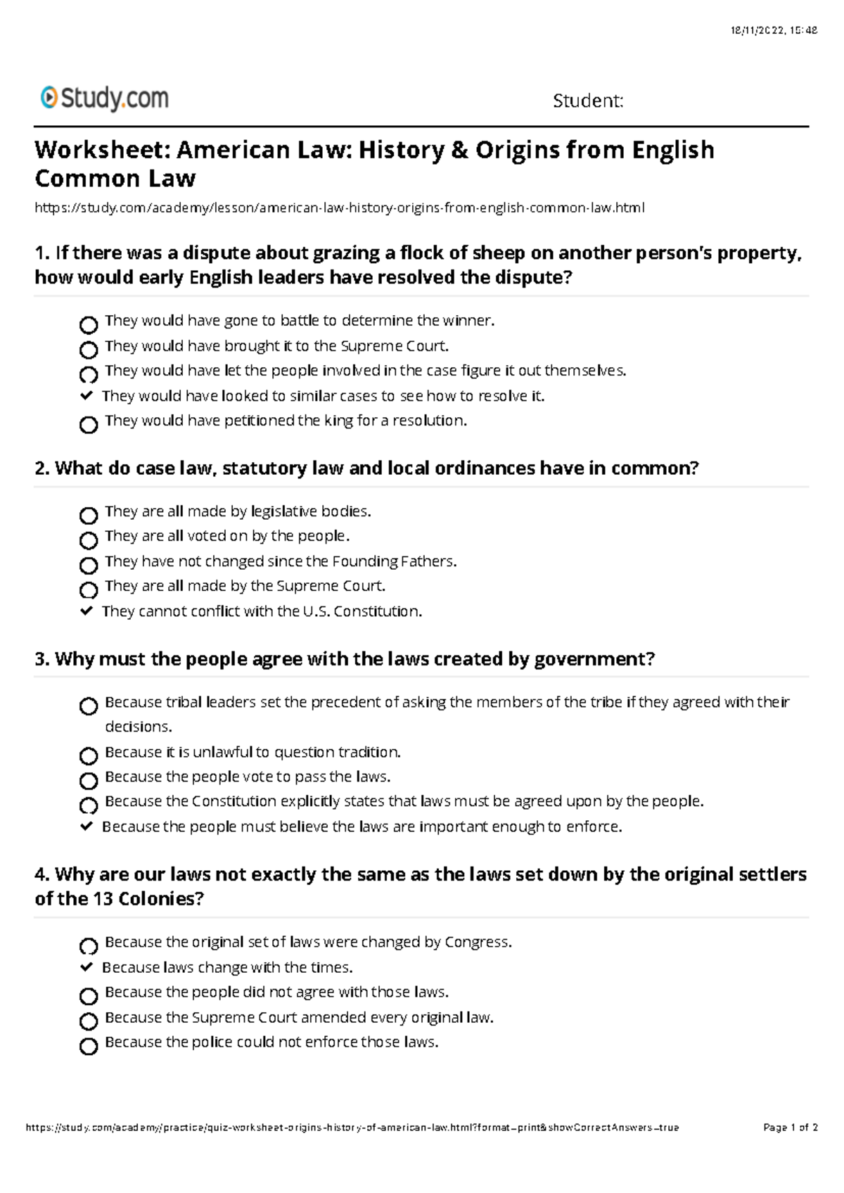 American Law Worksheet: History & Origins of Common Law - Studocu