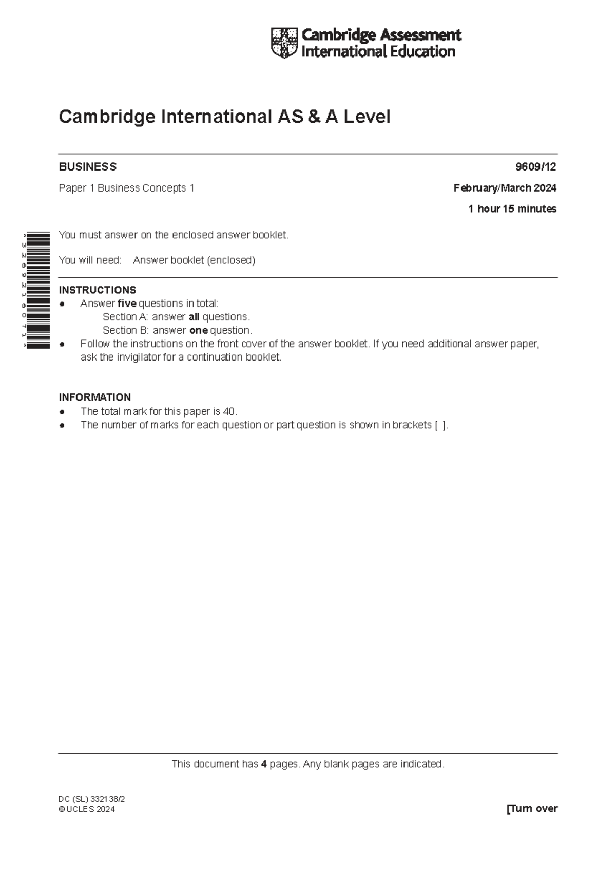 Cambridge International AS A Level BUSINESS 9609/12 Paper 1 Concepts ...