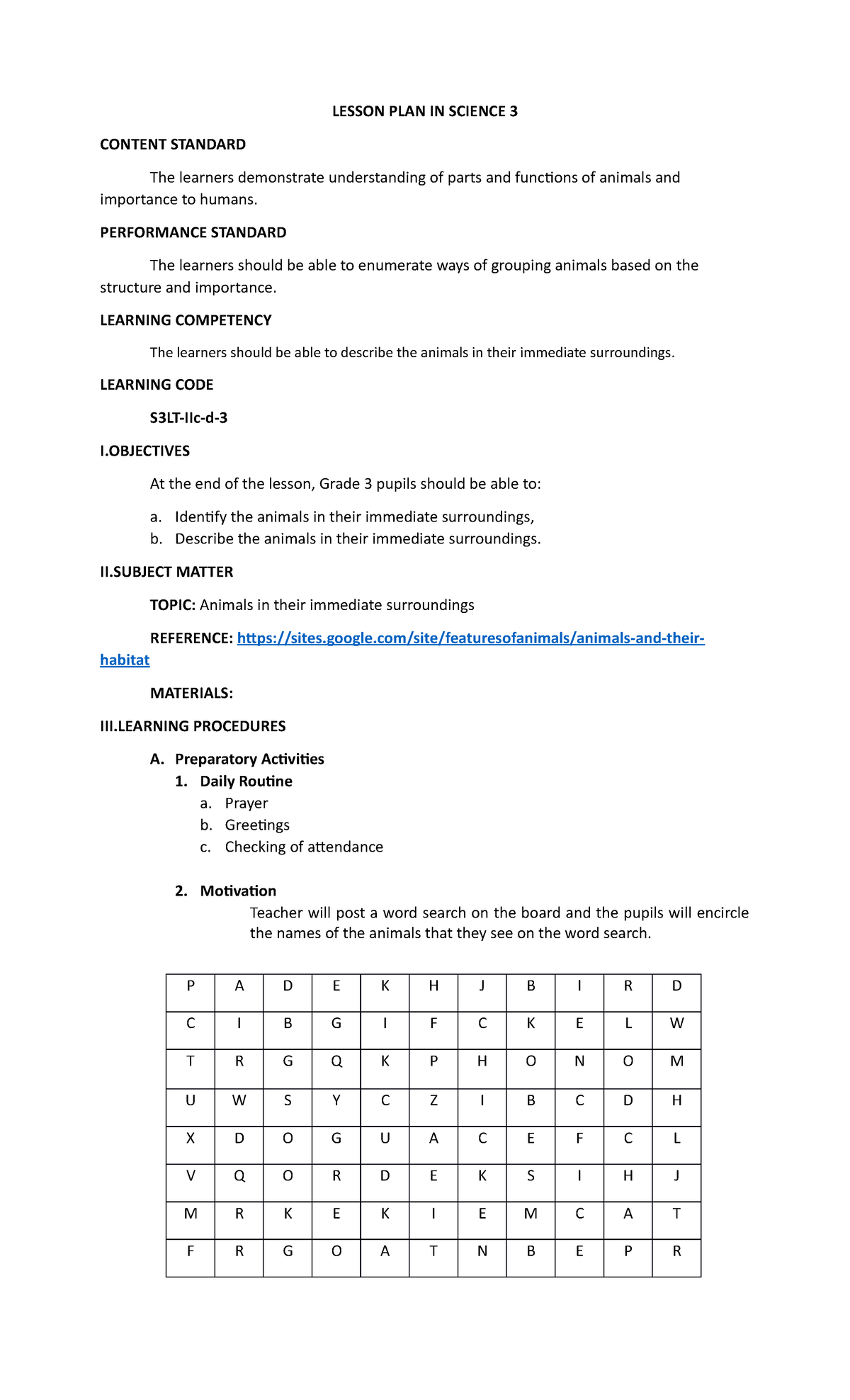 Lesson plan IN Science 3 - LESSON PLAN IN SCIENCE 3 CONTENT STANDARD ...