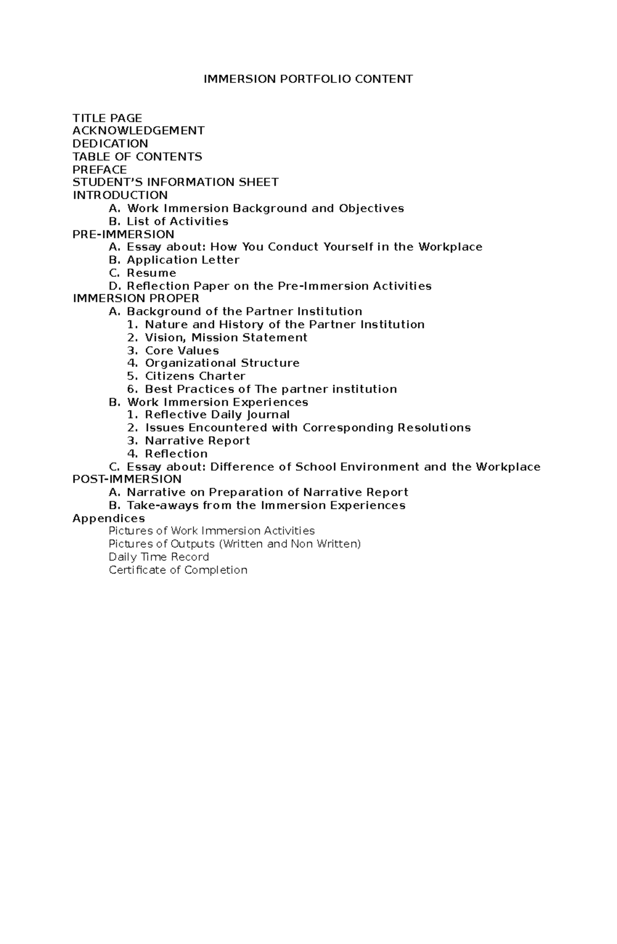 WORK Immersion Port. - A Comprehensive Portfolio Overview - Studocu