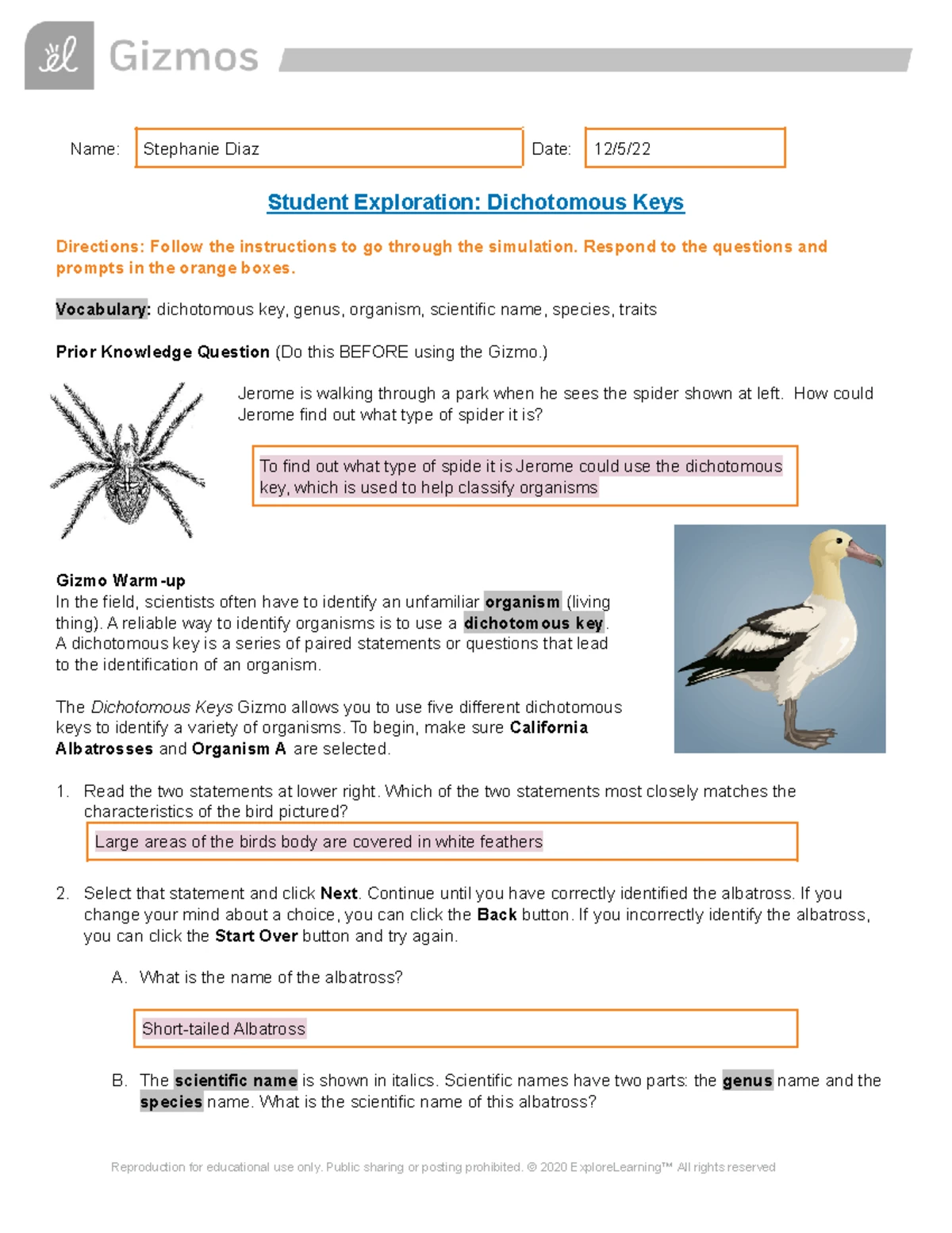 Dichotomous Keys - Gizmos answers yasss - Name: Stephanie Diaz Date: 12 ...