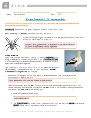 Dichotomous Keys - Gizmos answers yasss - Name: Stephanie Diaz Date: 12 ...