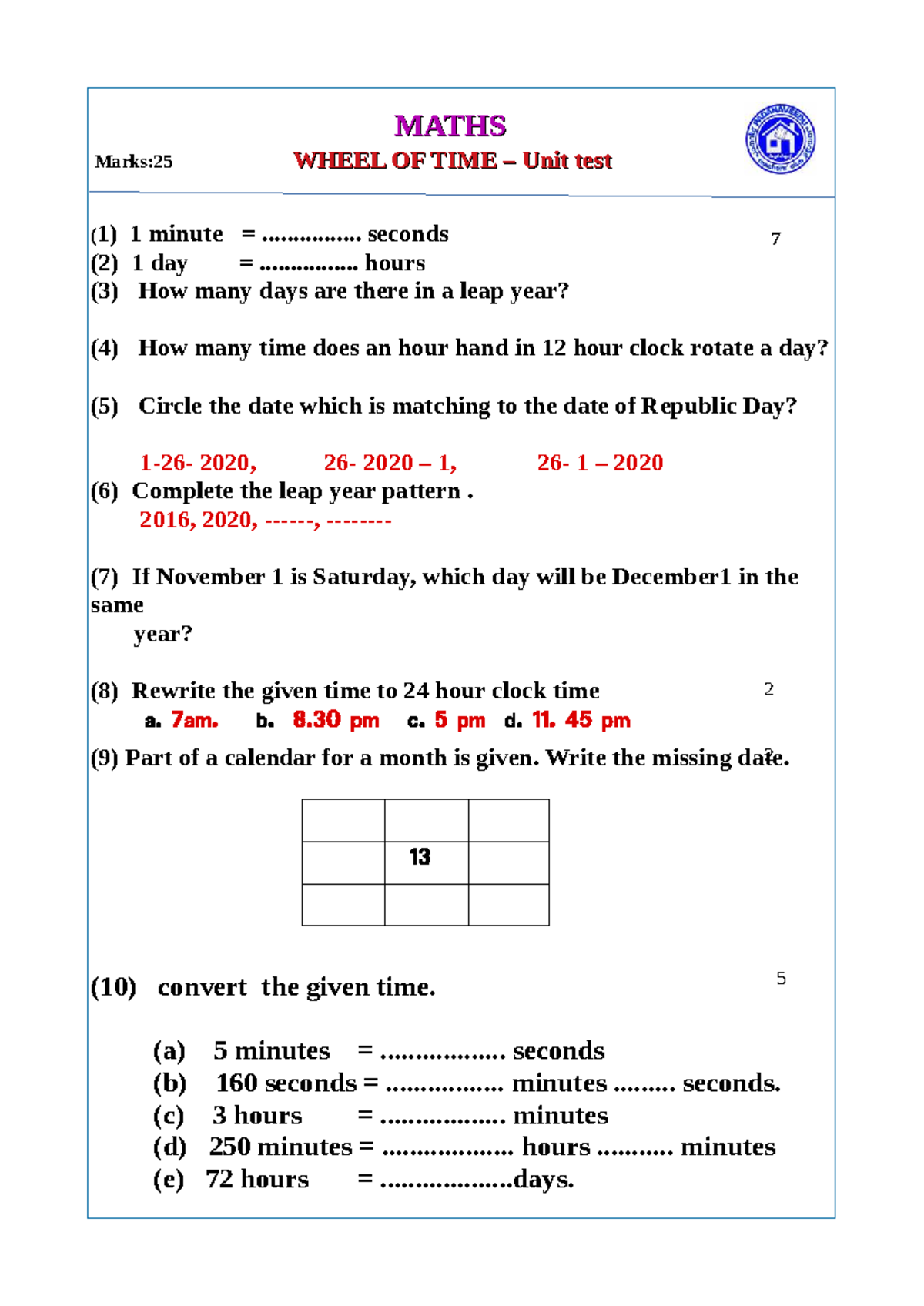 WHEEL OF TIME Unit Test - Key Math Questions and Problems - Studocu