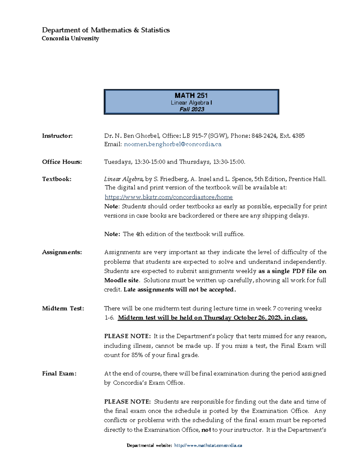 MATH 251 - Linear Algebra I Course Outline Fall 2023 - Studocu
