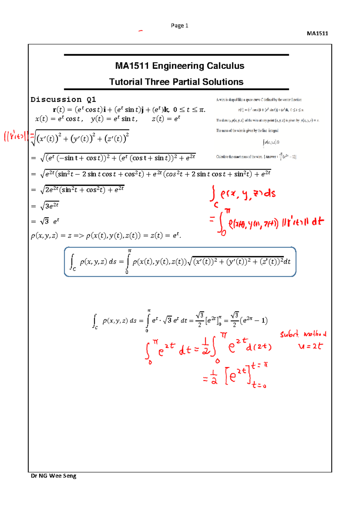 Tutorial 3 Discussion Problems Solutions - ####### MA MA1511 ...