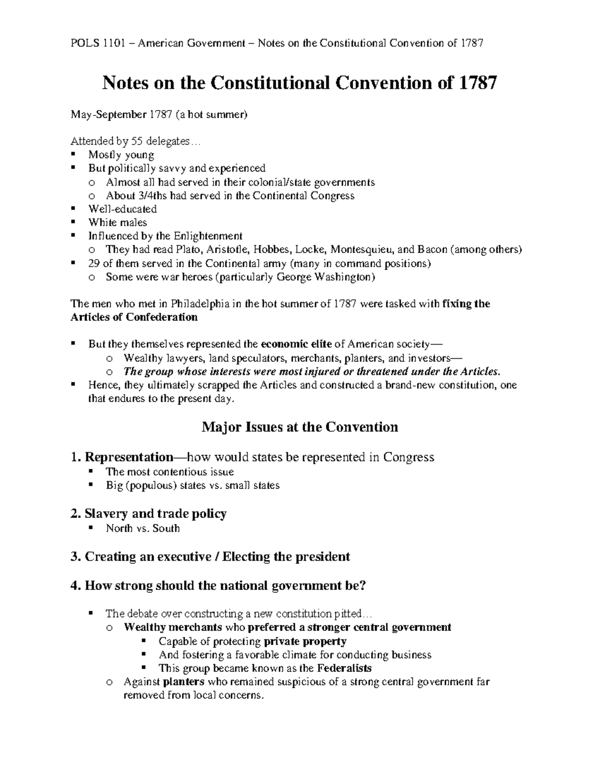 POLS 1101 American government notes on the constitutional convention ...