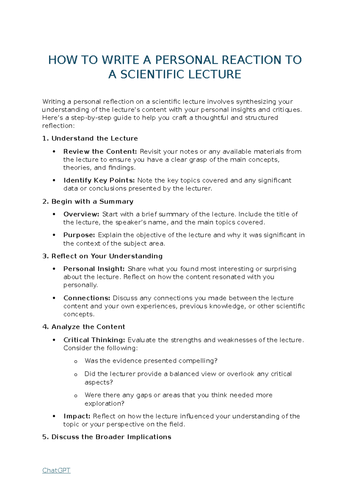 Writing a Personal Reaction to a Scientific Lecture Guide - Studocu