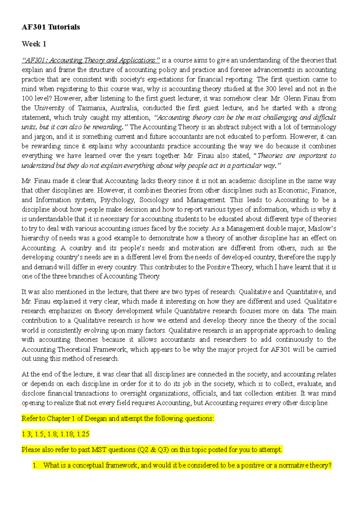 AF301: Accounting Theory and Applications - Week 1 Tutorial Notes - Studocu