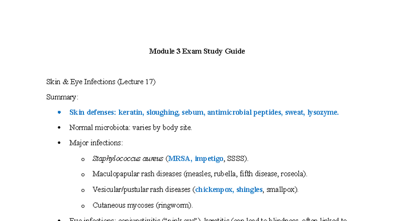 Module 3 Exam Study Guide: Infections of Skin, Eye, Respiratory ...