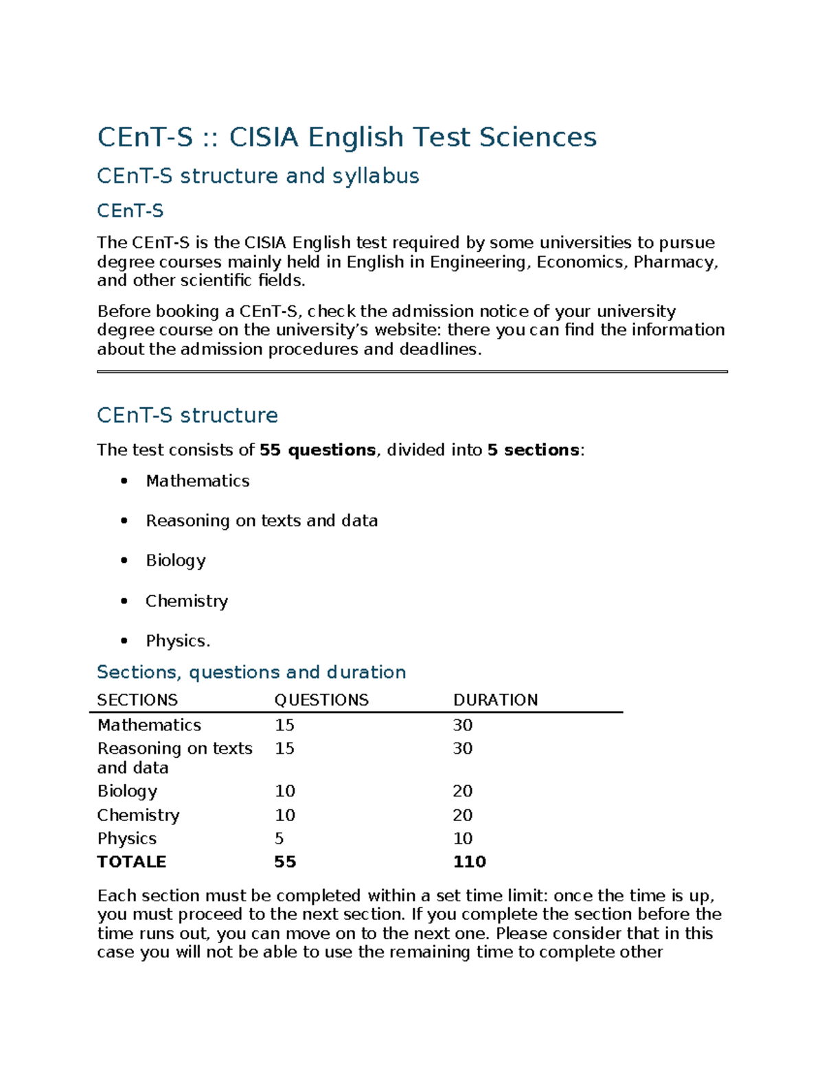 CISIA English Test Syllabus: Structure & Content Overview - Studocu