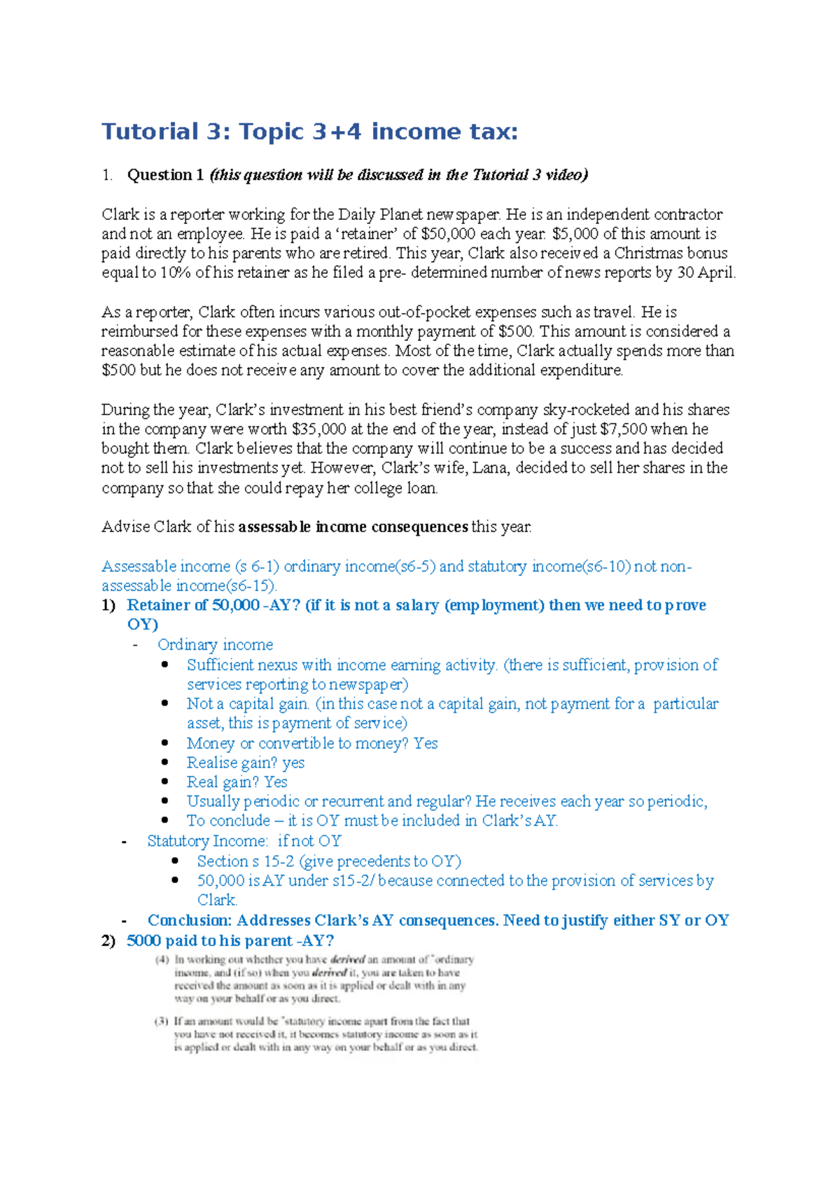 Tutorial 3 with solutions - Tutorial 3: Topic 3+4 income tax: Question ...