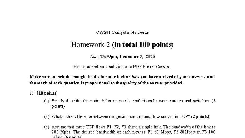 CS3201 Computer Networks Fall 2025 Homework 2 Guidelines - Studocu