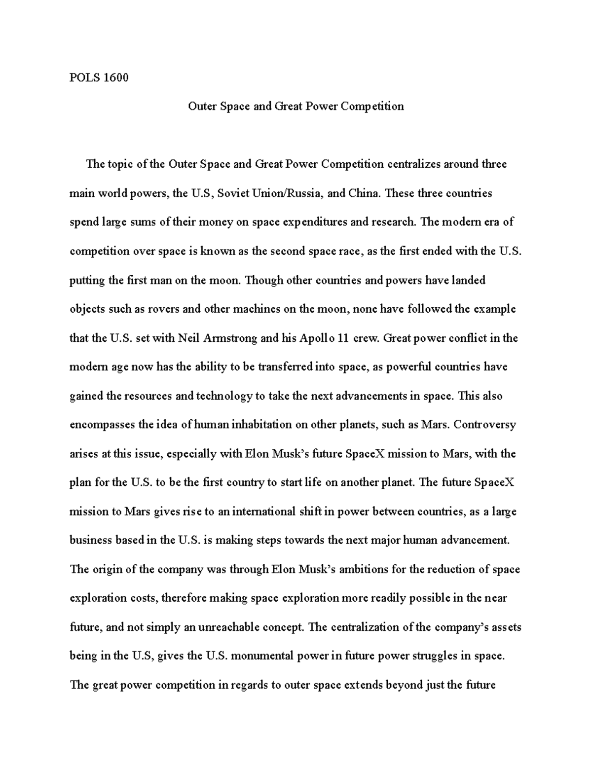 POLS 1600 - Essay on Outer Space and Great Power Comp. Dynamics - Studocu