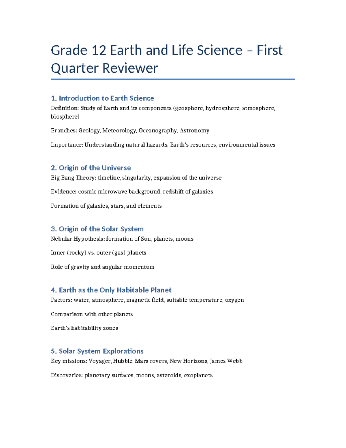 Grade 12 Earth and Life Science First Quarter Comprehensive Reviewer ...