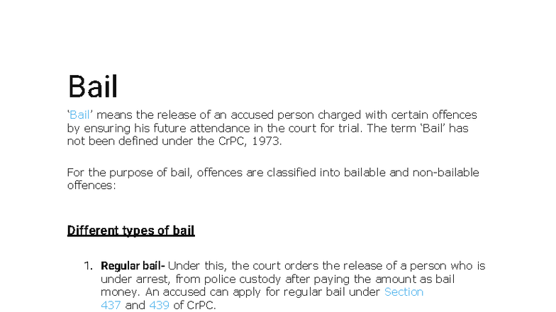 Bail Types and Legal Provisions: An Overview of CrPC 1973 - Studocu