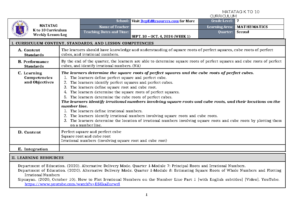 DLL Matatag Mathematics 7 Q2 W1 - CURRICULUM MATATAG K to 10 Curriculum ...