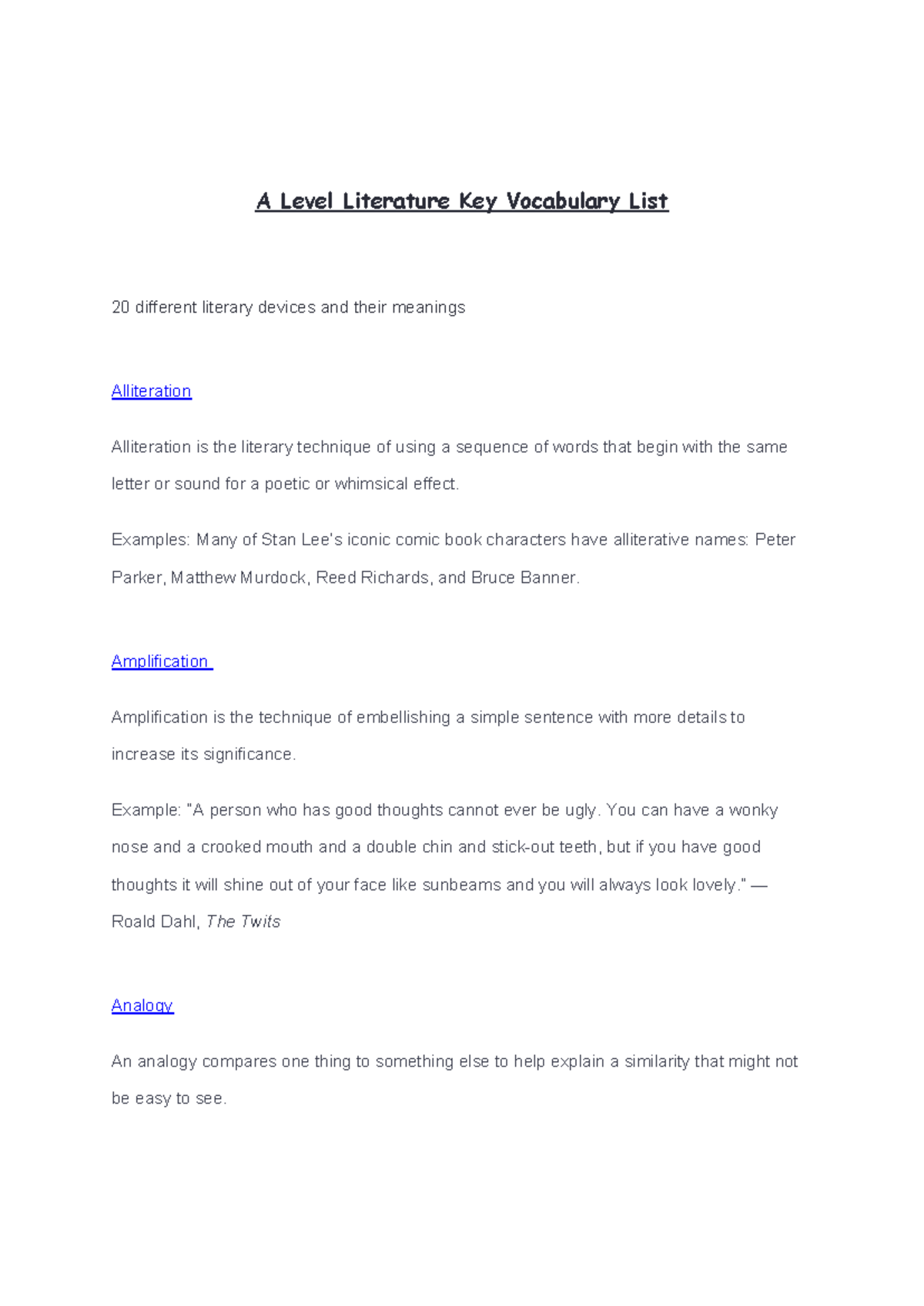A Level English Literature: Key Vocabulary of Literary Devices - Studocu