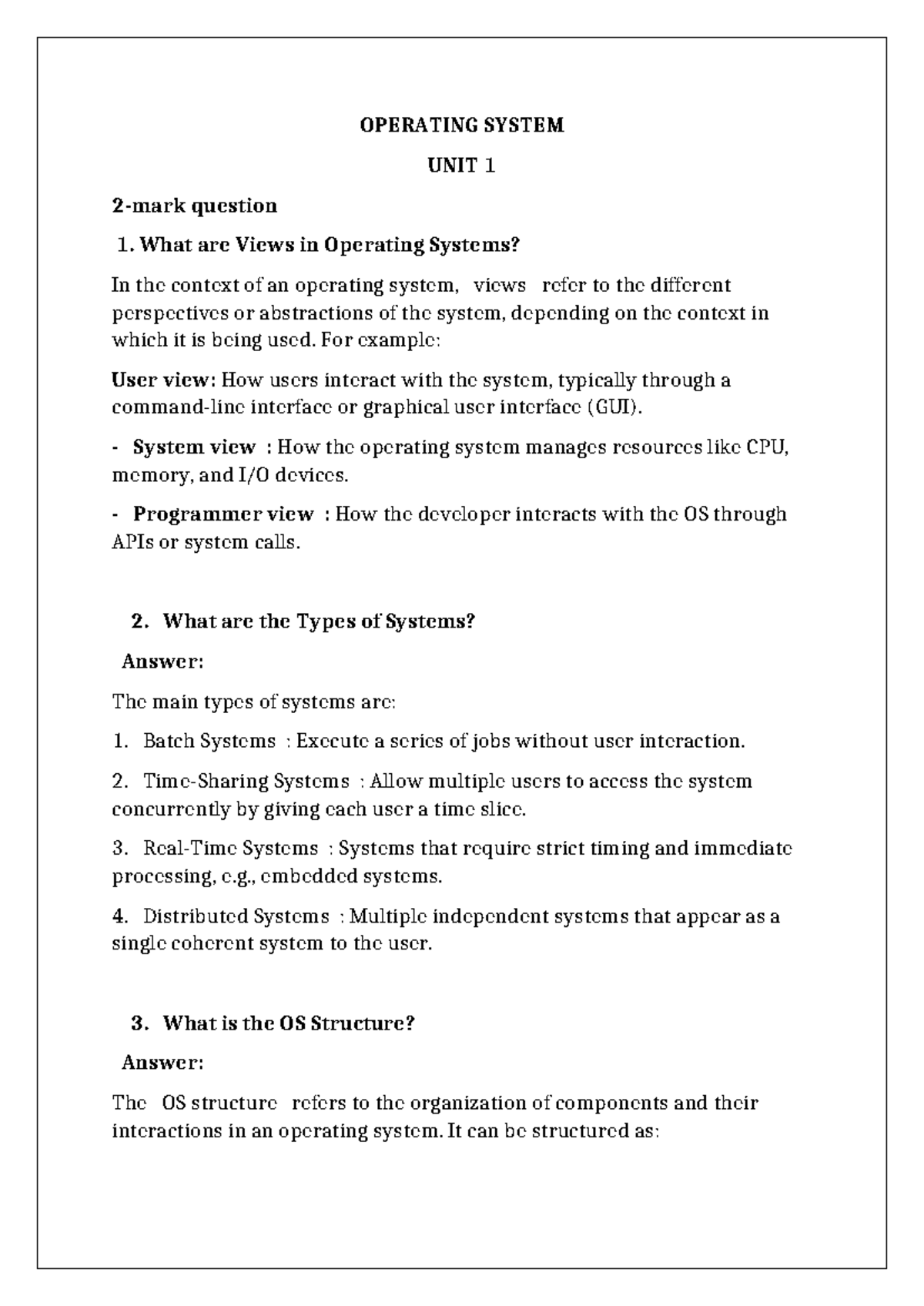 Question Bank for OS - UNIT 1: Views, Types, Structure, and Operations ...