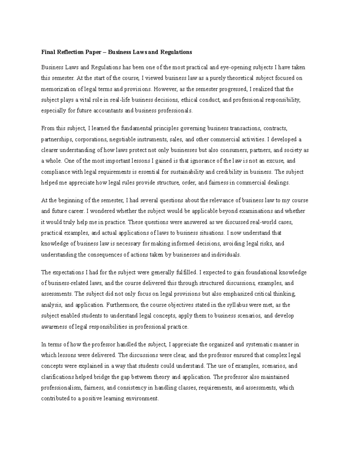 Final Reflection Paper on Business Laws and Regulations - Studocu
