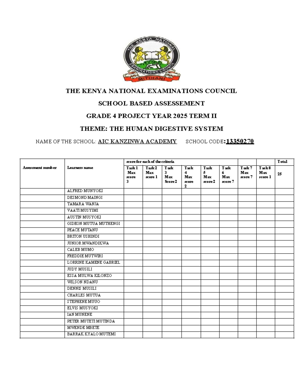 Grade 4 Project Assessment Rubric: Human Digestive System (2025) - Studocu